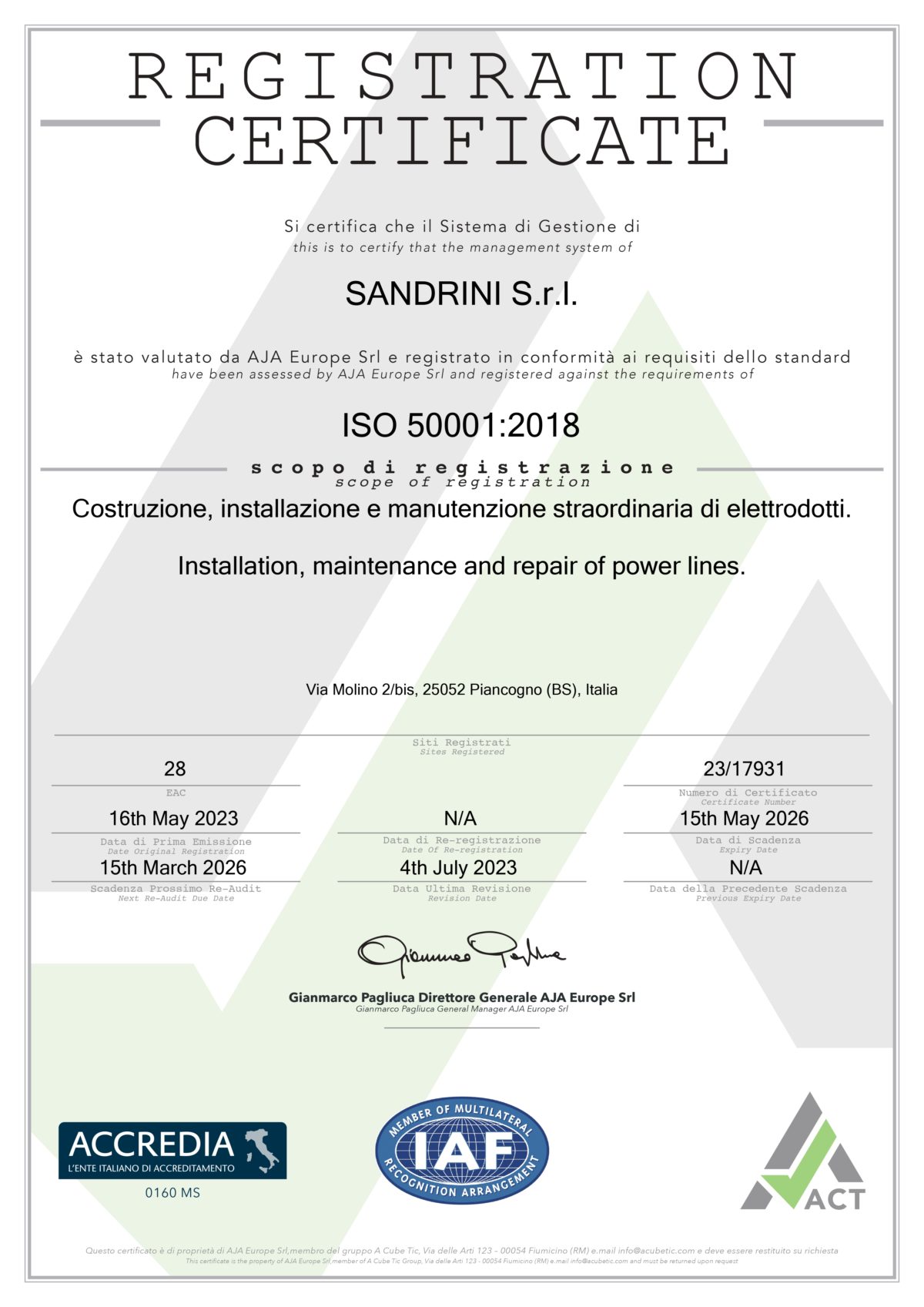 Certificato ISO 50001:2018 » Sandrini