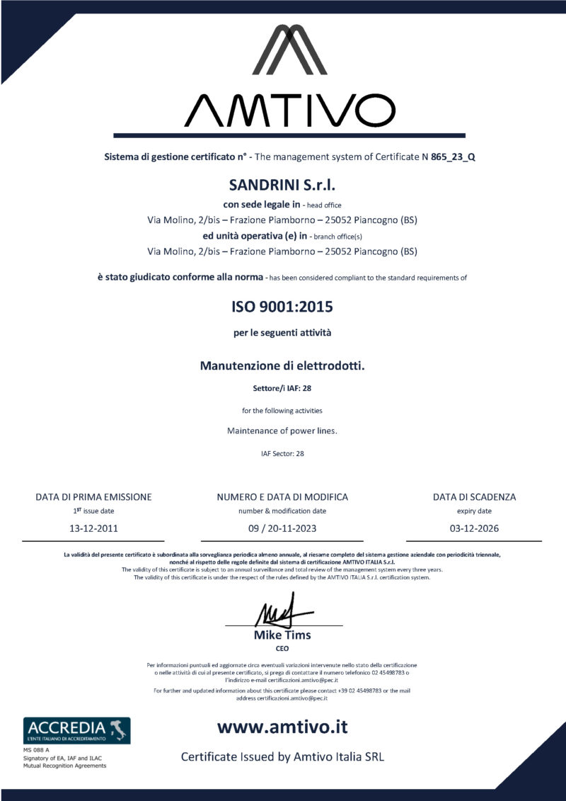 Certificato AMTIVO | ISO 9001:2015 » Sandrini